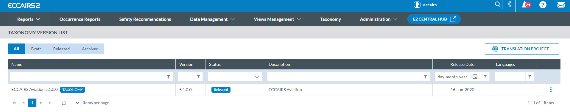 ECCAIRS 2 Central Hub | Taxonomy Manager